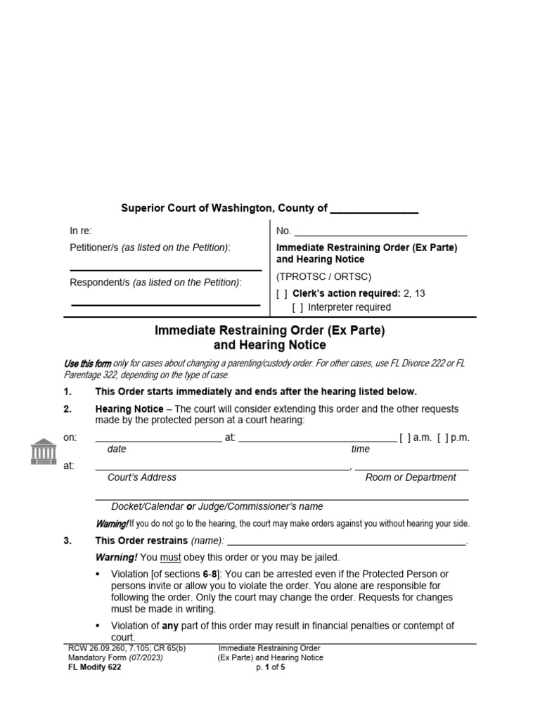FL Modify 622 Immediate Restraining Order Final - 2023 07 | PDF | Restraining Order | Ex Parte