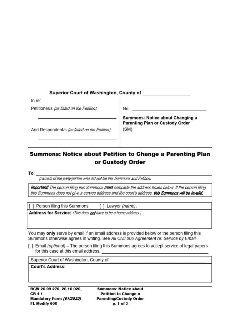 FL Modify 600 Summons To Change Parenting Plan - 2022 01 | PDF ...