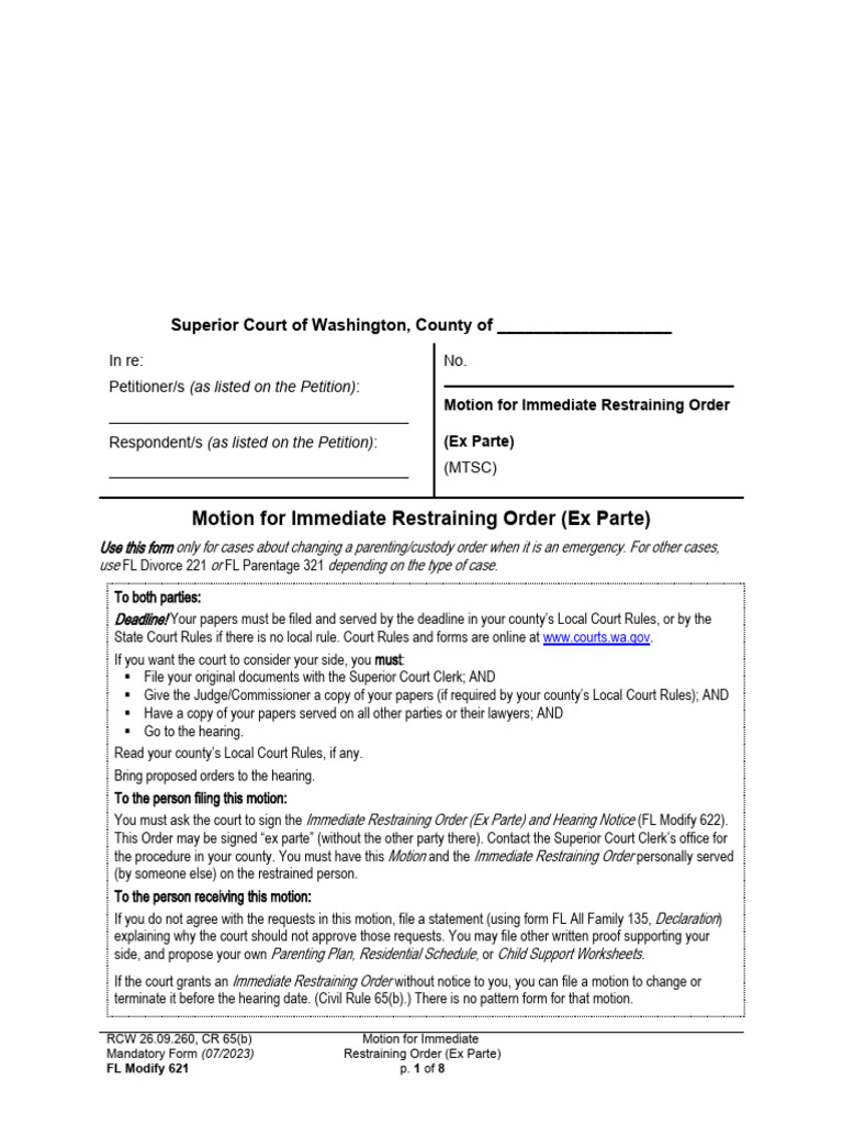 FL Modify 621 Motion For Immediate Restraining Order - 2023 - 07 | PDF