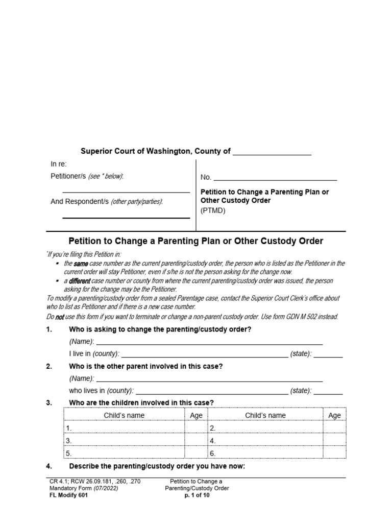 FL Modify 601 PT To Change Parenting Plan Custody or - 2022 07 | PDF ...