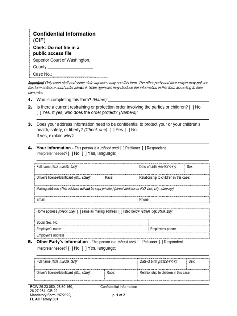 FL All Family 001 Confidential Info Form - 2022 07 | PDF | Restraining ...