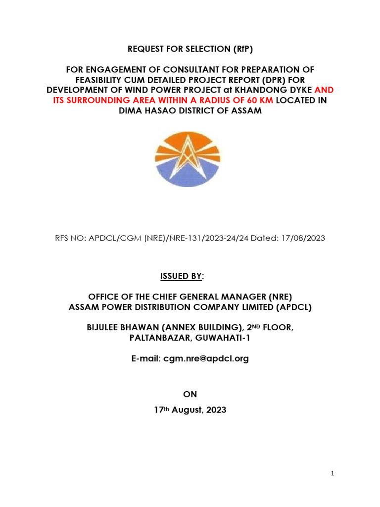 Wind Power DPR Consultancy Tender-APDCL-Last Date 05.09.23 | PDF | Request For Proposal | Business