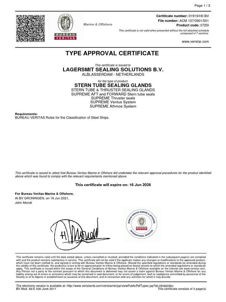 Stern Tube Sealing Glands Certificate | PDF