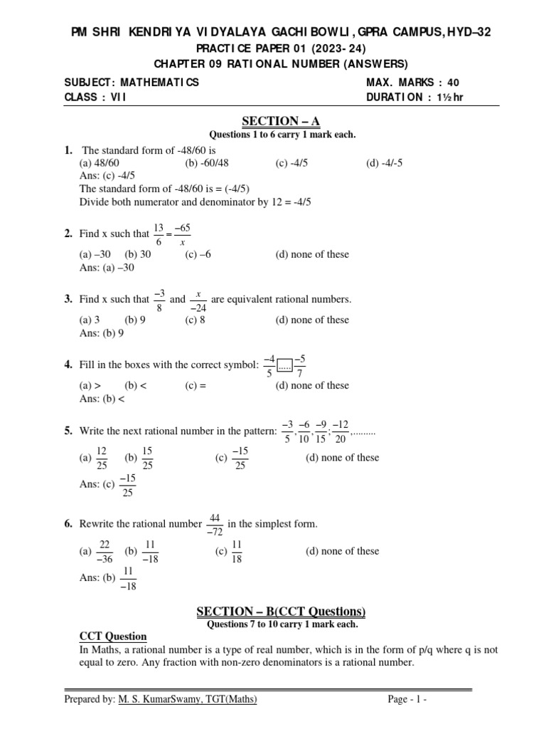 Maths Class VII Practice Test 01 Chapter 09 Rational Numbers Answers ...