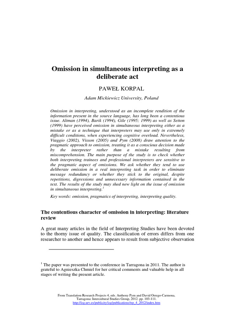 Korpal 2012 - Omission - TR Research Projects 4 | PDF | Information | Experiment