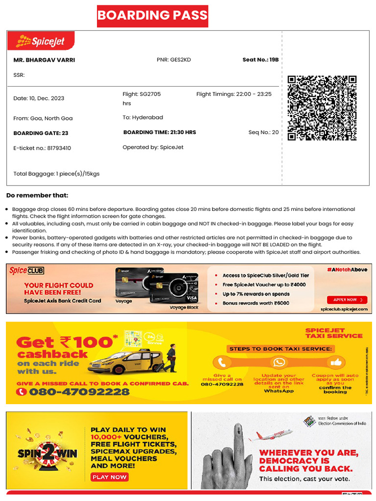 Print Boarding Pass PNR GES2KD 10 Dec 2023 Goa, North Goa To Hyderabad ...