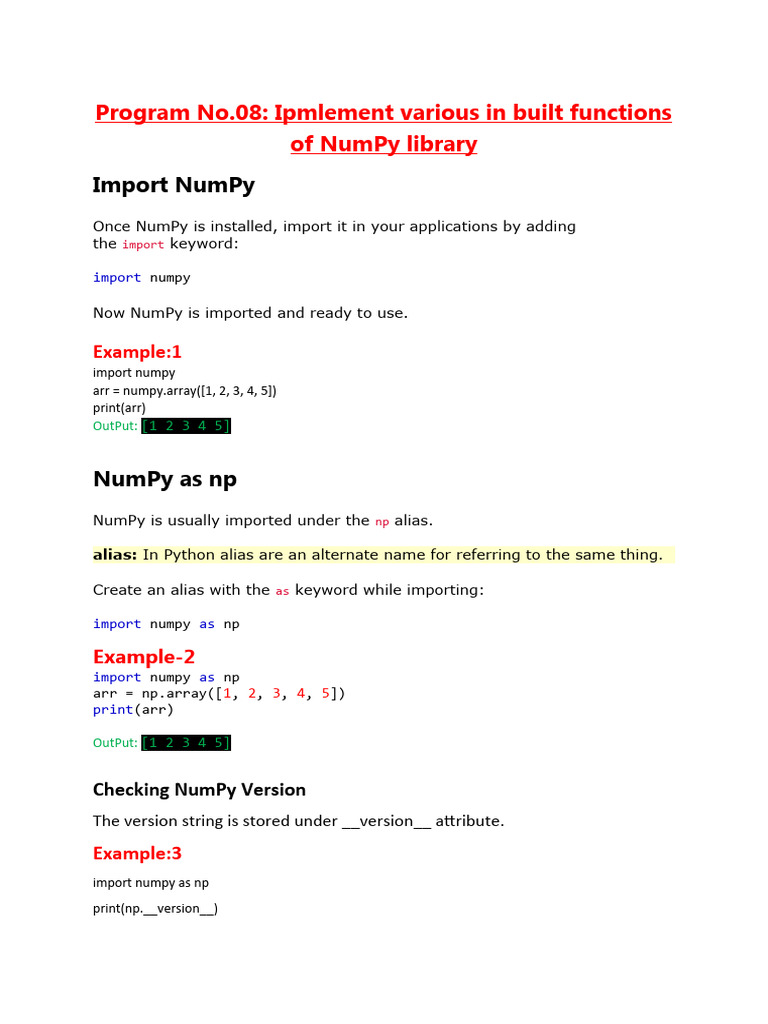 Program No.08 Ipmlement Various in Built Functions of NumPy Library | PDF | Matrix (Mathematics ...