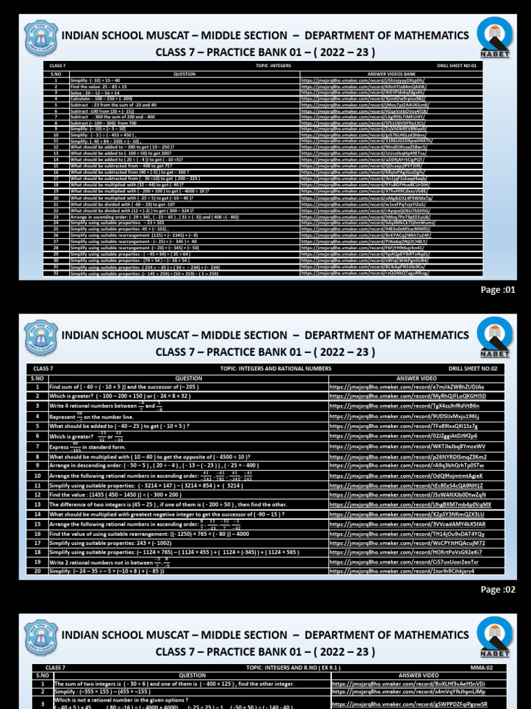Class 7 - Mathematics - Practice Bank 01 - 2022 - 23 | PDF | Multiplication | Numbers