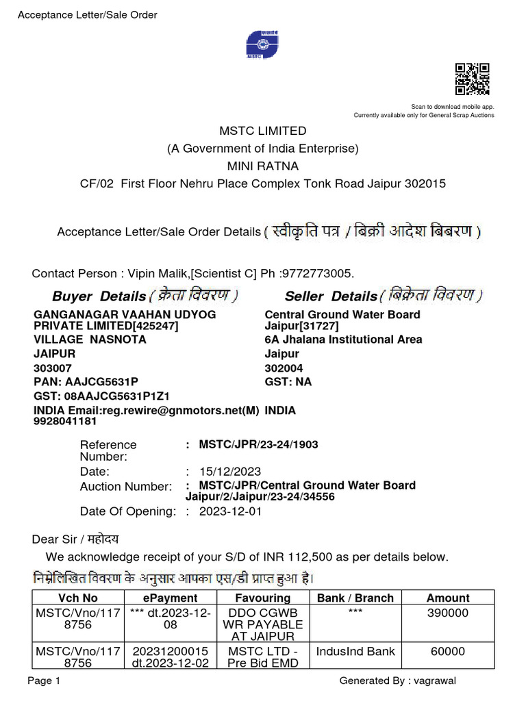 Al MSTC JPR 23-24 1903 | PDF | Auction | Money