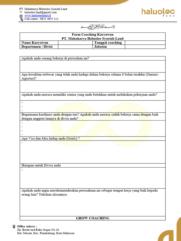 Form Coaching Karyawan | PDF | Karier & Perkembangan | Bisnis
