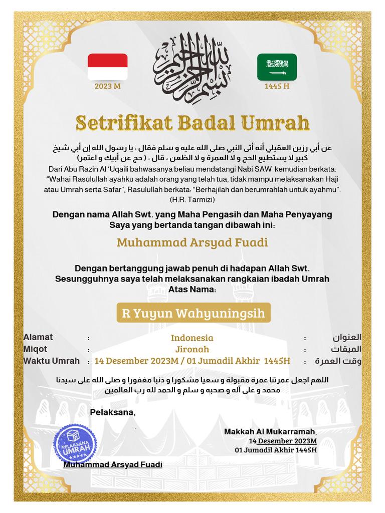 Setrifikat Badal Umrah Contoh | PDF