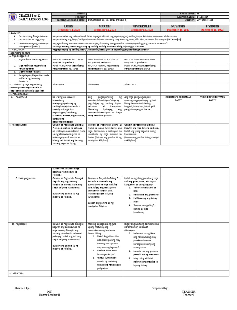 DLL FILIPINO-2 Q2 Week-6 | PDF