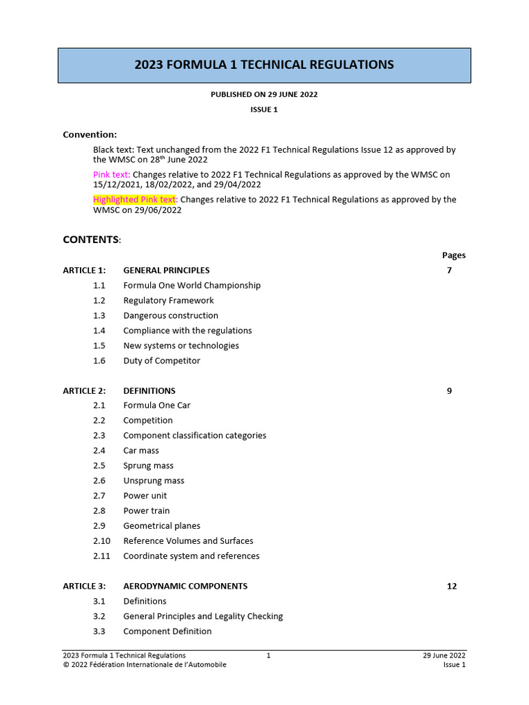 Fia 2023 Formula 1 Technical Regulations - Issue 1 - 2022-06-29 | PDF ...