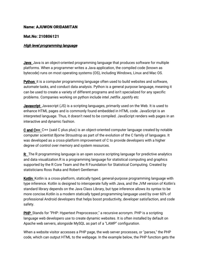 Name:Ajuwonori Dami TAN Mat - No:210806121: Hi GHL Evelprogrammi NGL Anguage | PDF | Computer ...