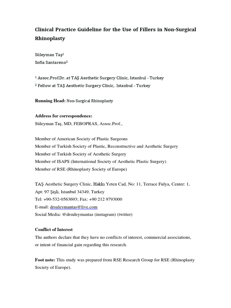 Clinical Practice Guideline For The Use of Fillers in Non Surgical Rhinoplasty | PDF | Human ...