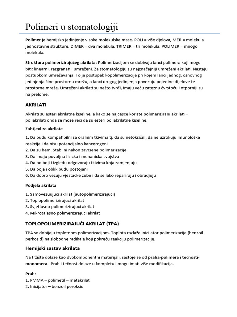 Polimeri U Stomatologiji | PDF