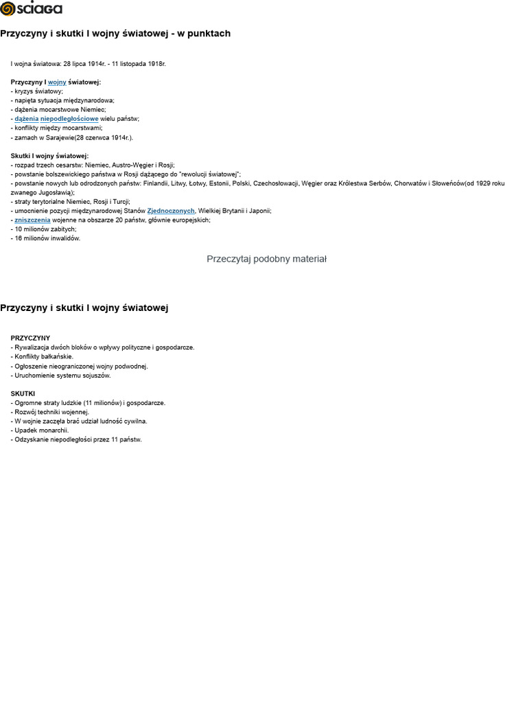 Przyczyny I Skutki I Wojny Światowej - W Punktach - Sciaga - PL | PDF