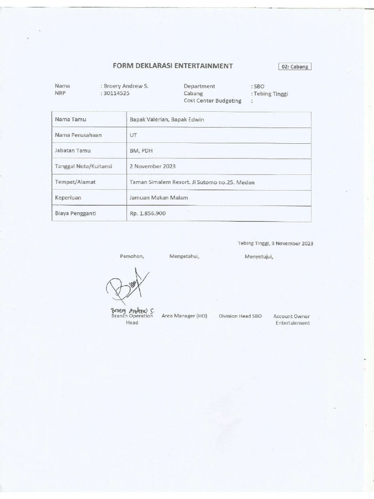 Form Entertain Broery A Sihombing | PDF