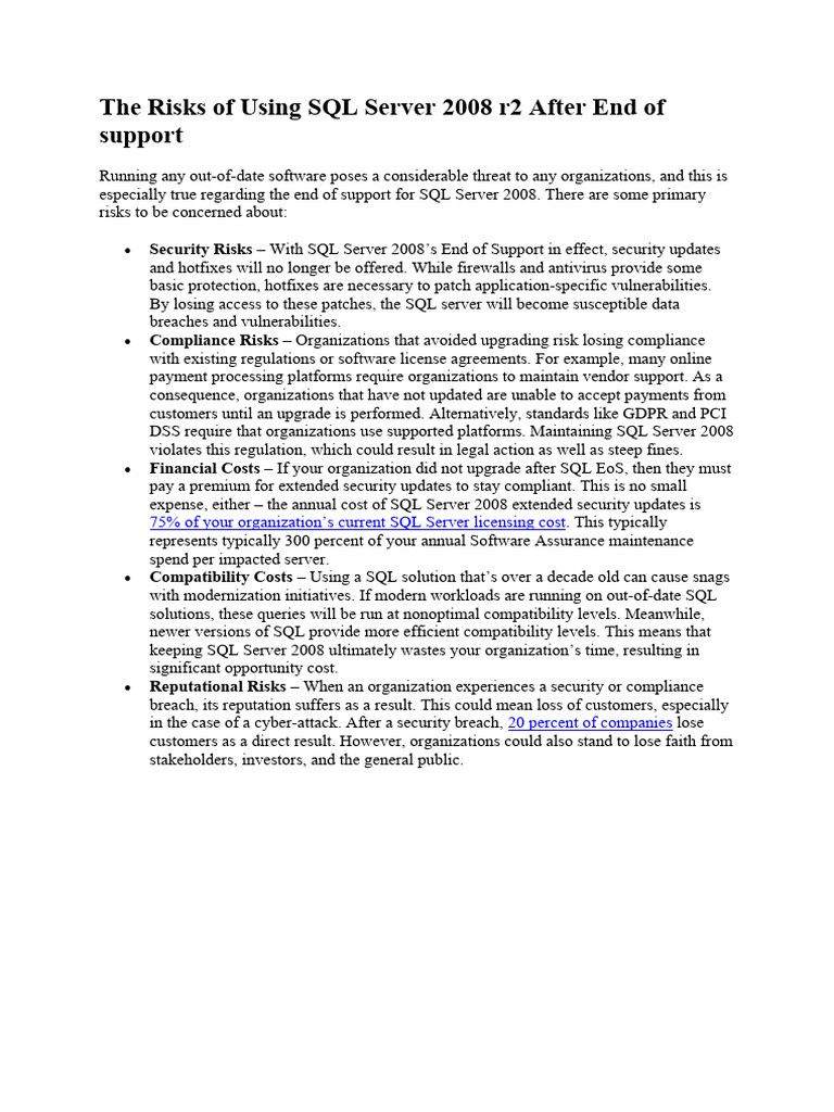 The Risks of Using SQL Server 2008 r2 After End of Support | PDF ...