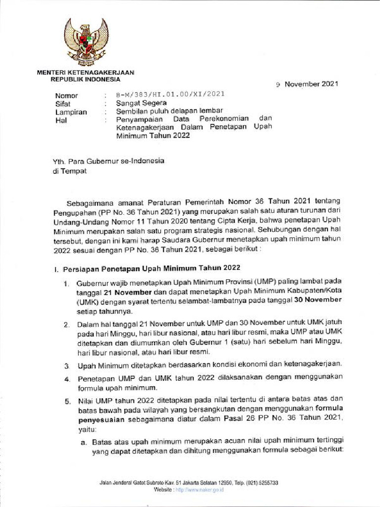 SE Tentang Upah Minimum 2022 | PDF
