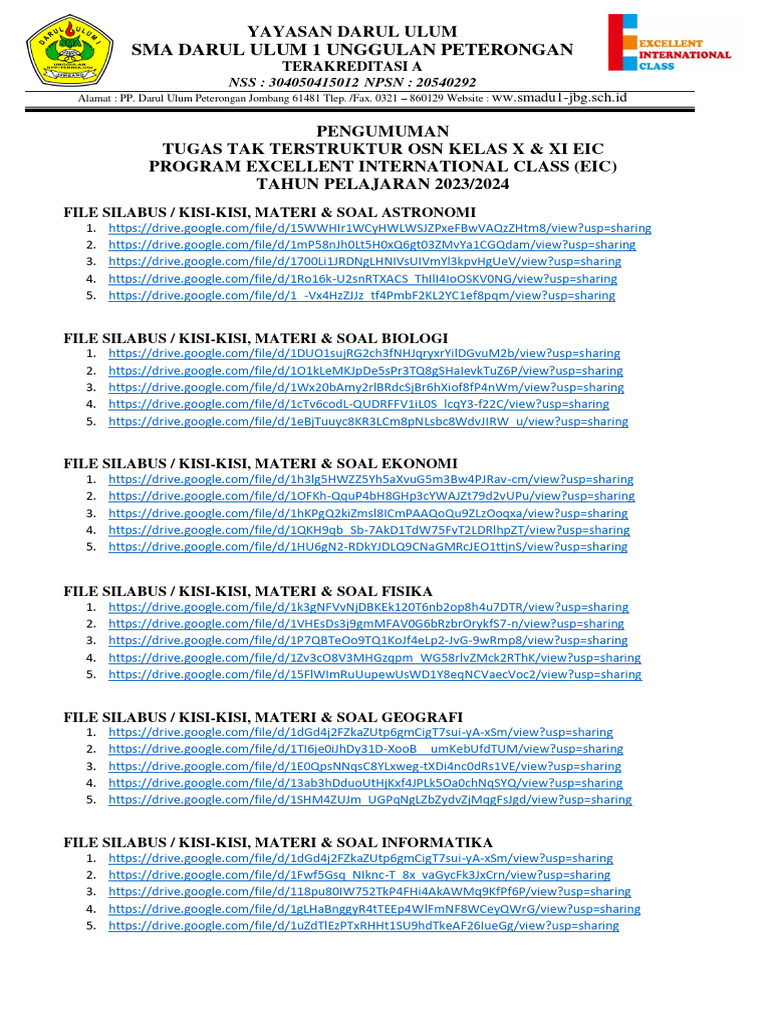 TUGAS TAK TERSTRUKTUR OSN Kelas X & XI EIC | PDF