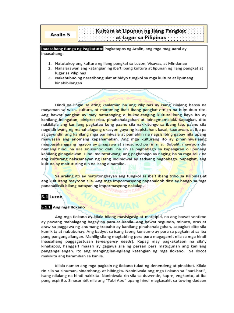 GE10 Aralin 5 Kultura at Lipunan NG Ilang Pangkat at Lugar Sa Pilipinas | PDF