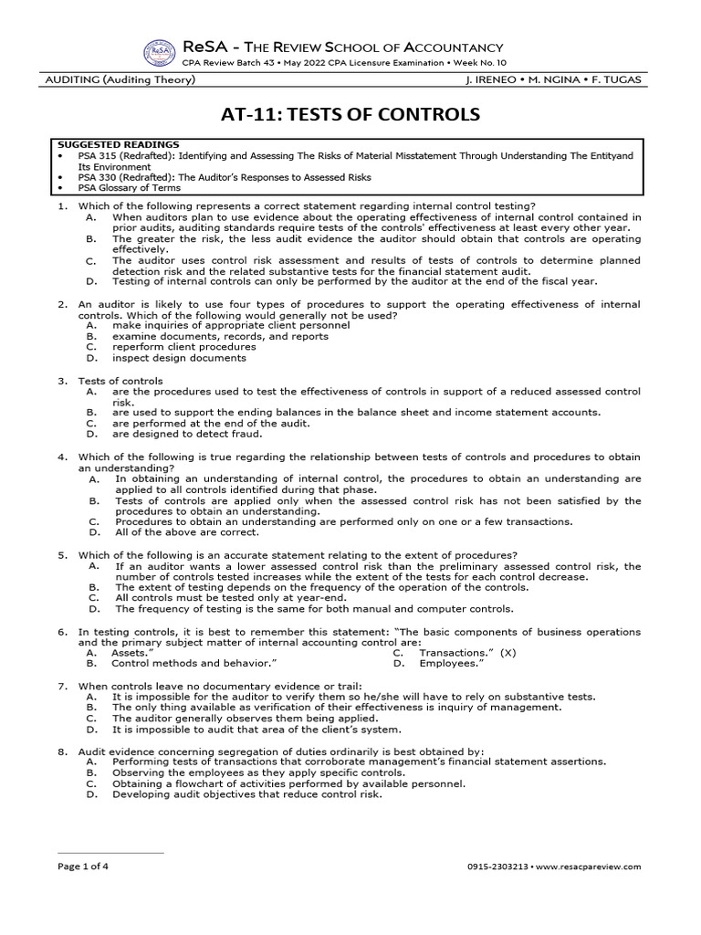 V6 AT-11 (Tests of Control) | PDF | Audit | Financial Audit