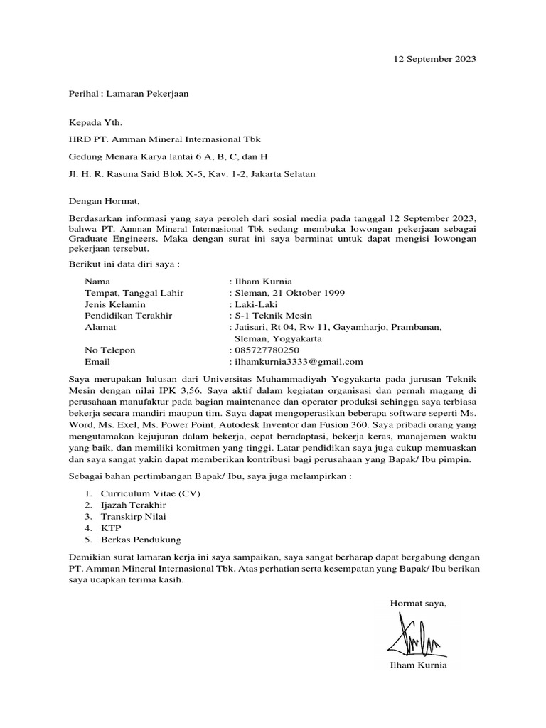 Surat Lamaran PT Amman | PDF