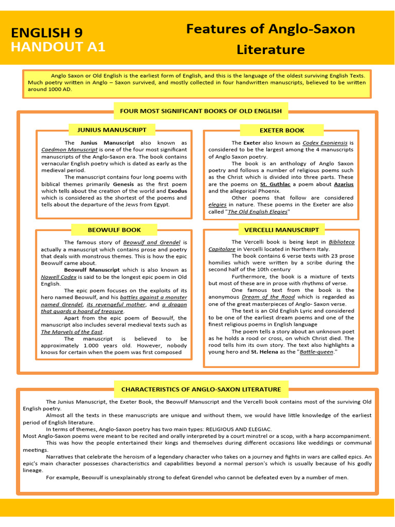 Handout 9A1.1 - Anglo Saxon Literature | PDF | Beowulf | Poetry