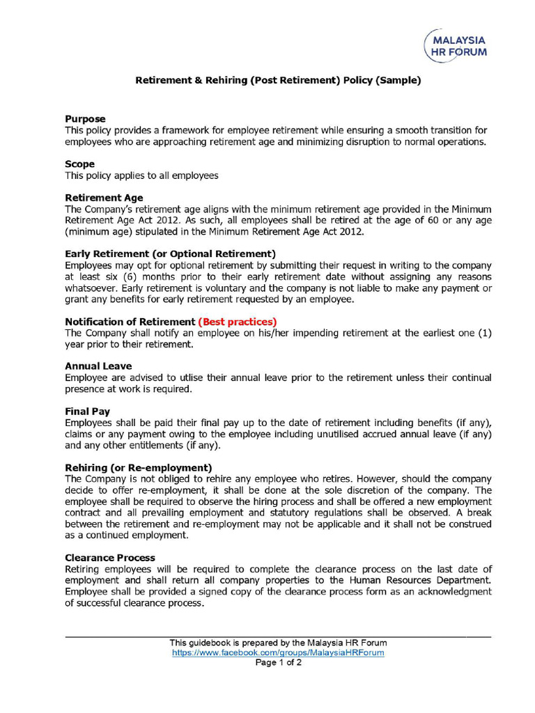 Retirement & Hiring of Retiree Policy (Sample) | PDF | Business | Economies