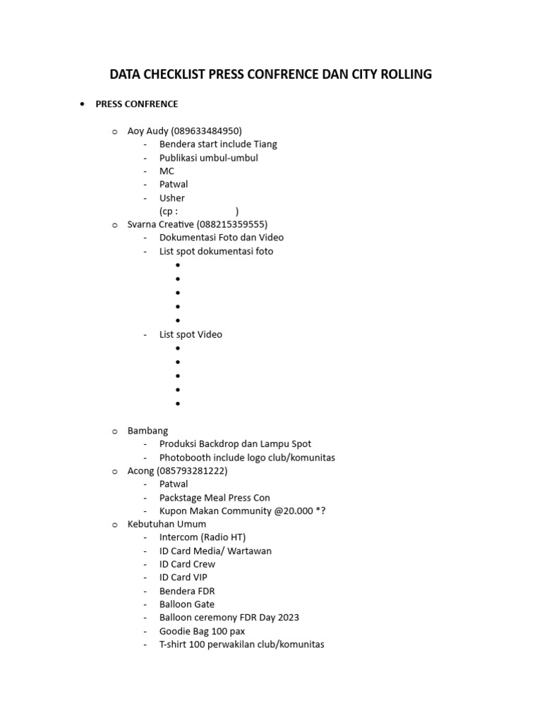 Data Checklist Press Confrence Dan City Rolling | PDF