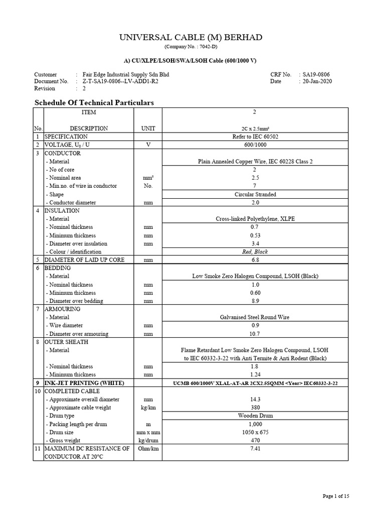 Universal Cable (M) Berhad: Schedule of Technical Particulars ...