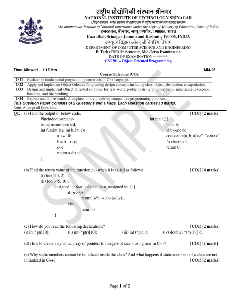 OOP - Mid-Term Sample QP - 3rd Sem CSE | PDF | Object Oriented ...