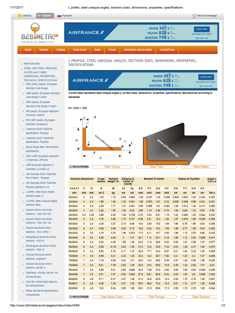 L Profile, Steel Unequal Angles, Sections Sizes, Dimensions, Properties ...