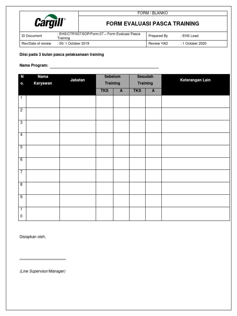 EHS CTP 007 SOP Form.07 Form Evaluasi Pasca Training | PDF
