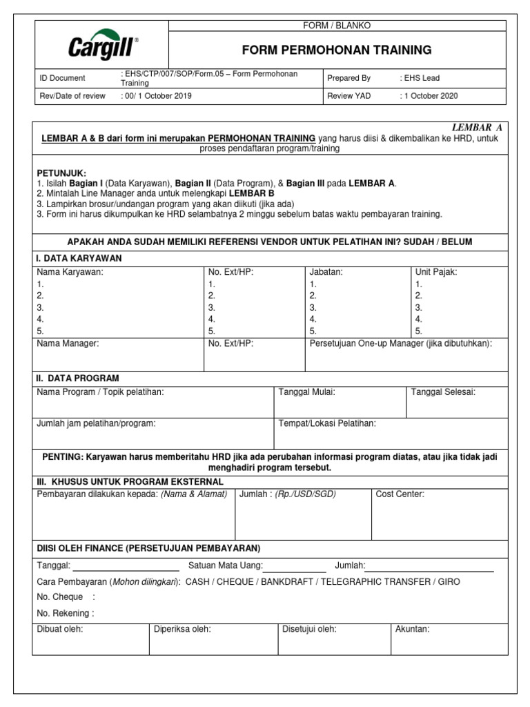 EHS CTP 007 SOP Form.05 Form Permohonan Training | PDF | Bisnis