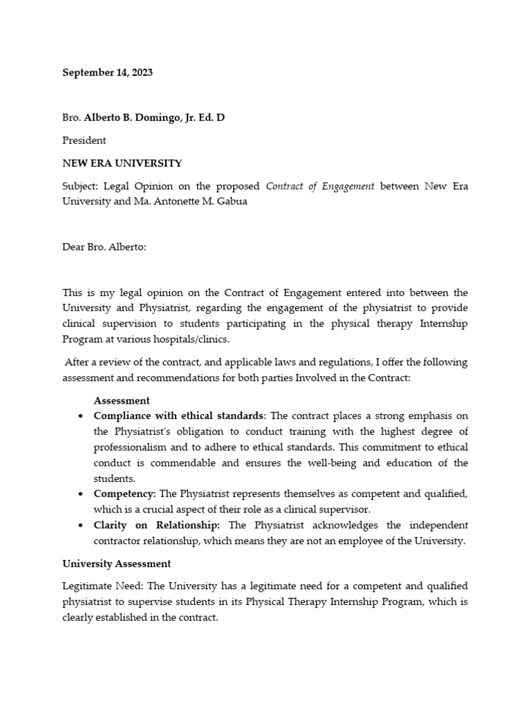 Legal Opinion - Contract of Agreement | PDF | Evaluation | Business