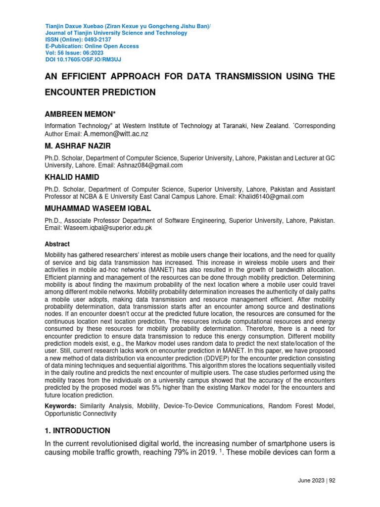 An Efficient Approach For Data Transmission Using The Encounter Prediction | PDF | Wireless Ad ...