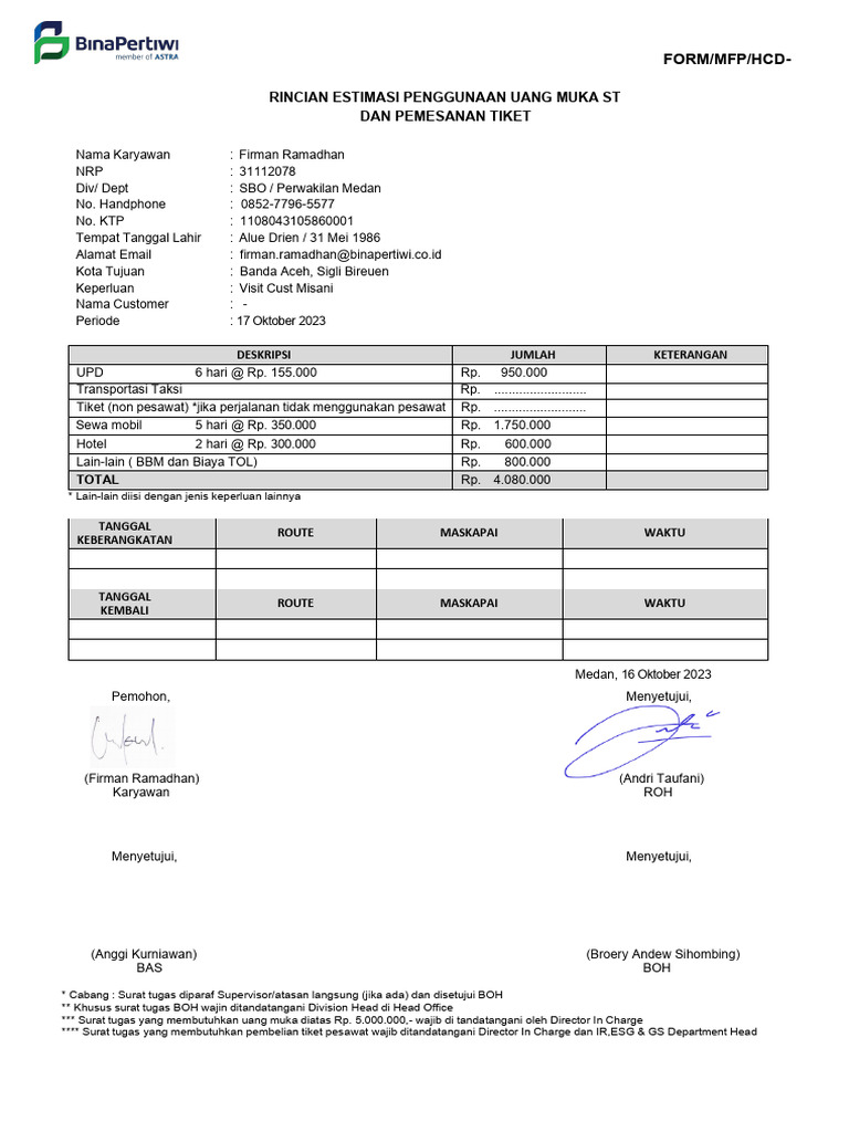 Form Rincian Estimasi Penggunaan Uang Muka ST - Firman | PDF