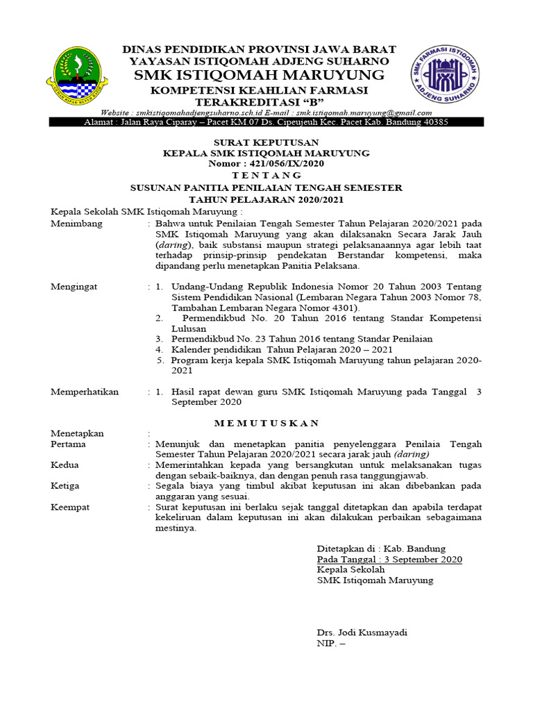 SK Penetapan Panitia PTS 2020 | PDF