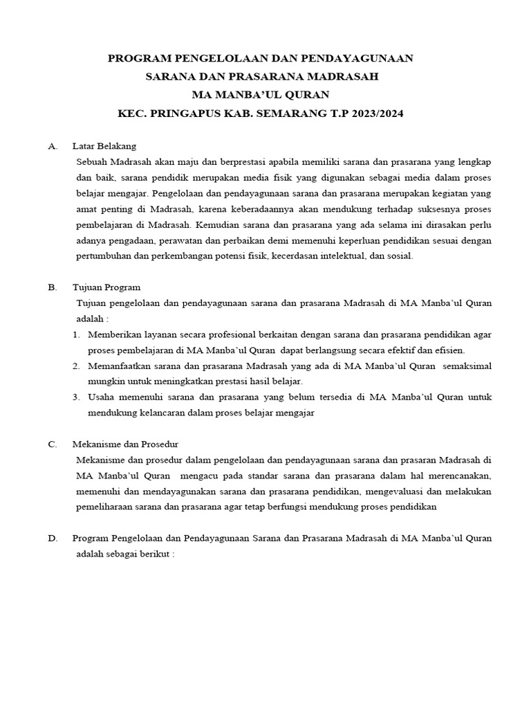 Program & Sop Pengelolaan Sarpras Ma 2023-2024 | PDF
