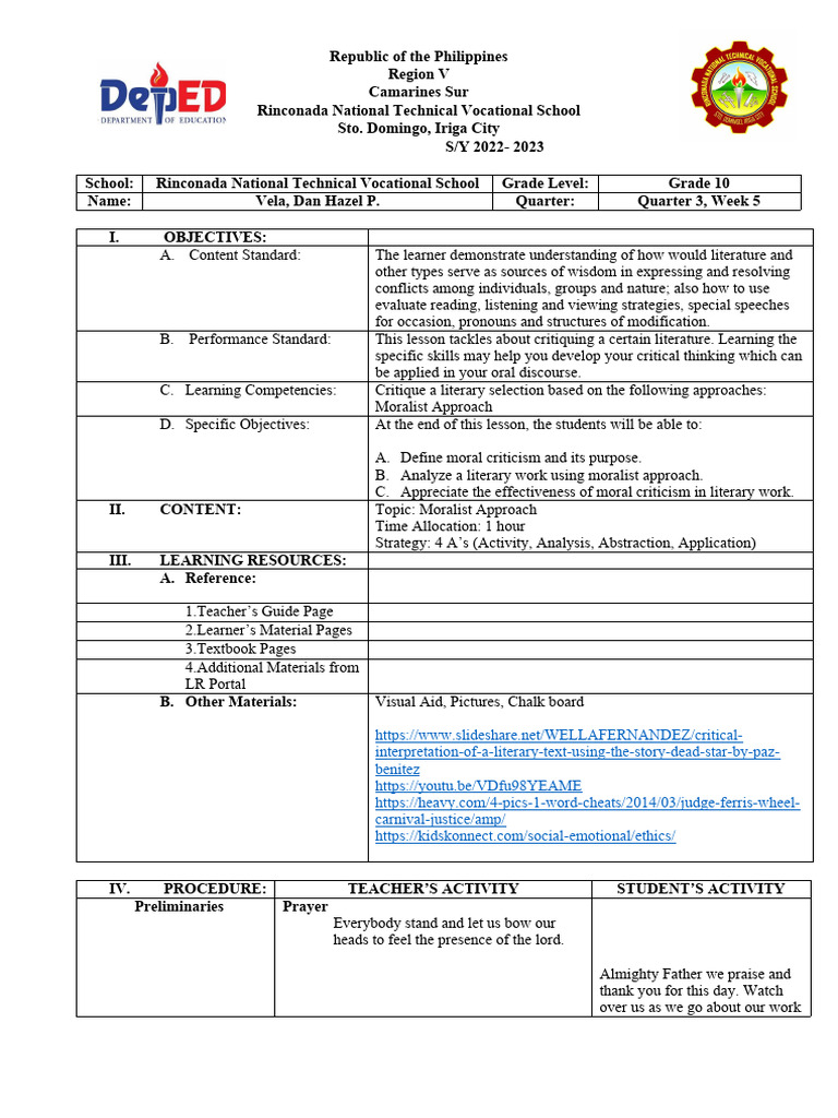 DLP Grade10 Moralism. Vela | PDF | Learning | Teachers