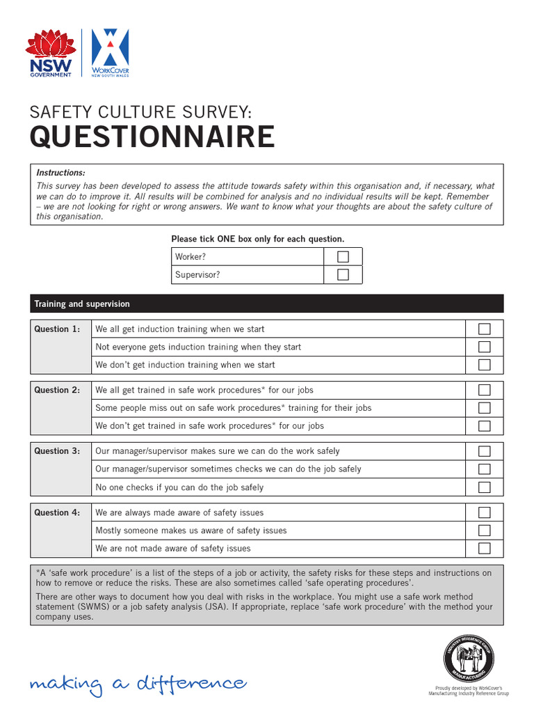 Safety Culture Survey Questionnaire 2291 | Download Free PDF ...