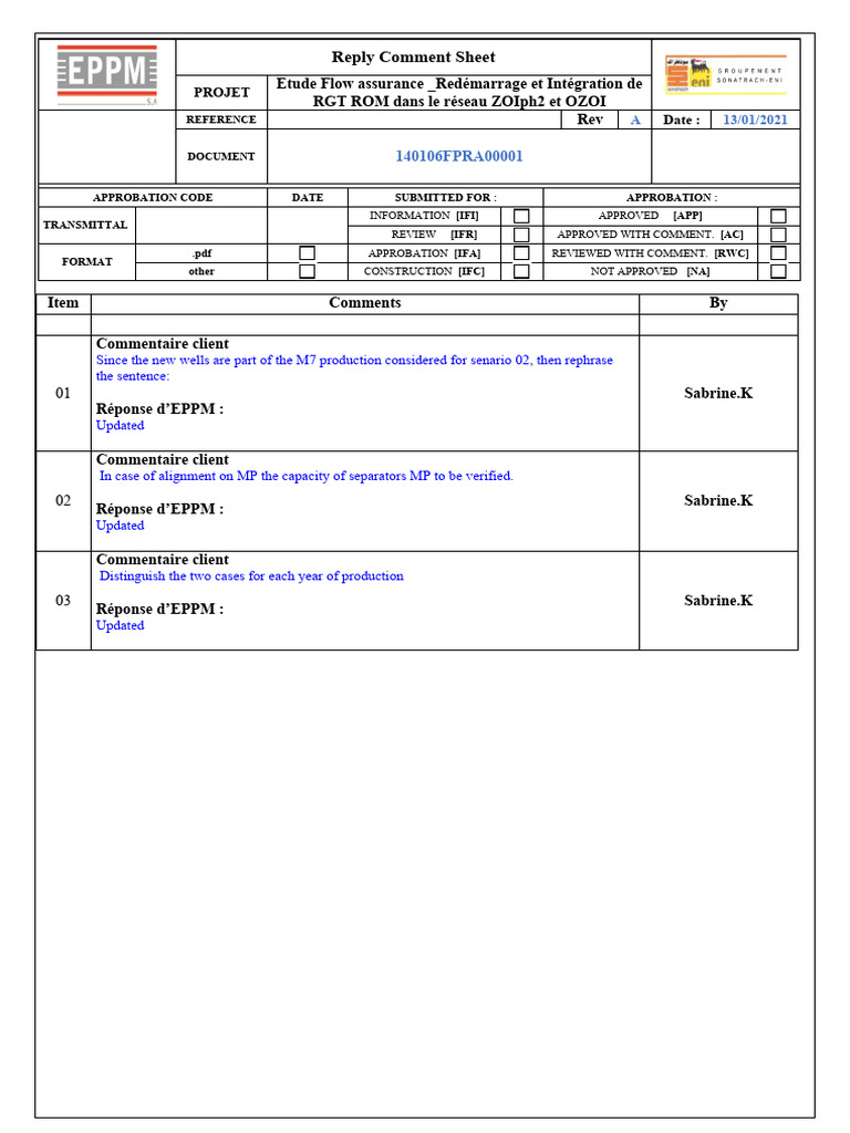 Reply Comment Sheet: Etude Flow Assurance - Redémarrage Et Intégration ...
