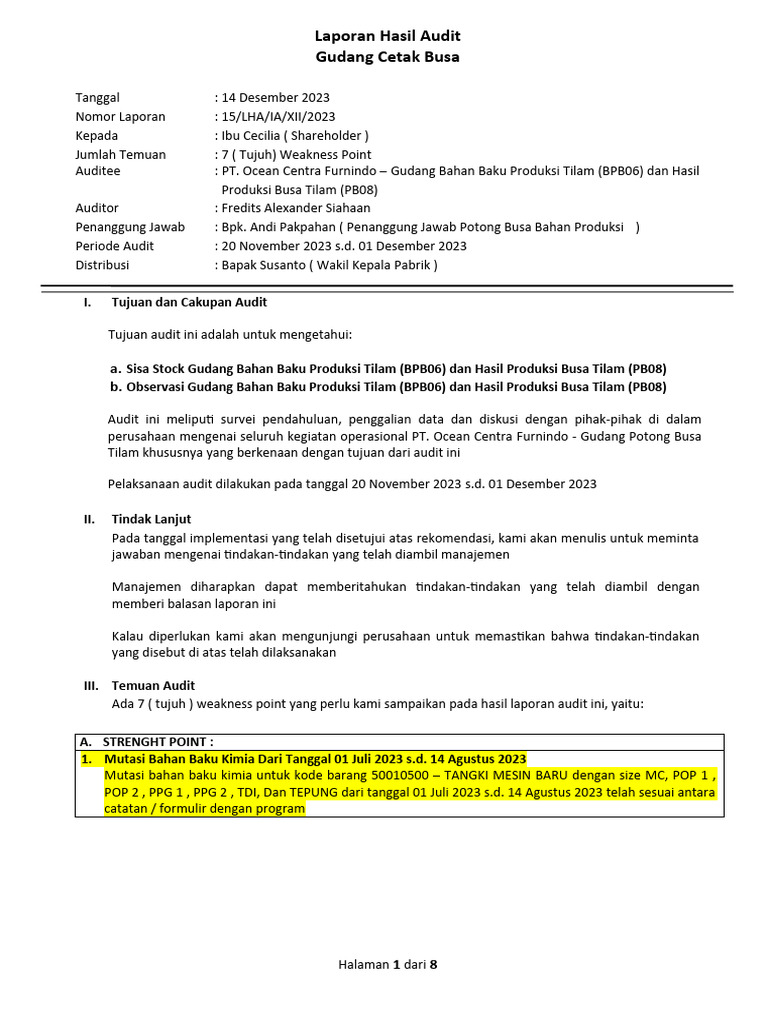 Laporan Hasil Audit Gudang Potong Busa | PDF
