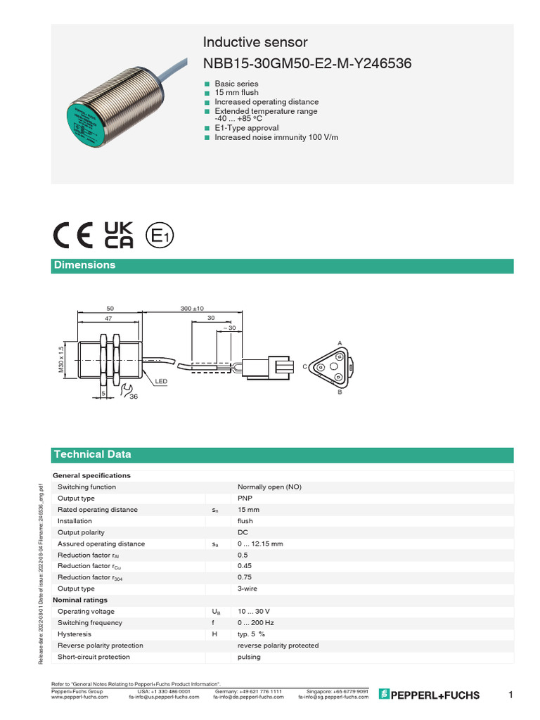 Inductive Sensor NBB15-30GM50-E2-M-Y246536: Dimensions | PDF | Measuring Instrument