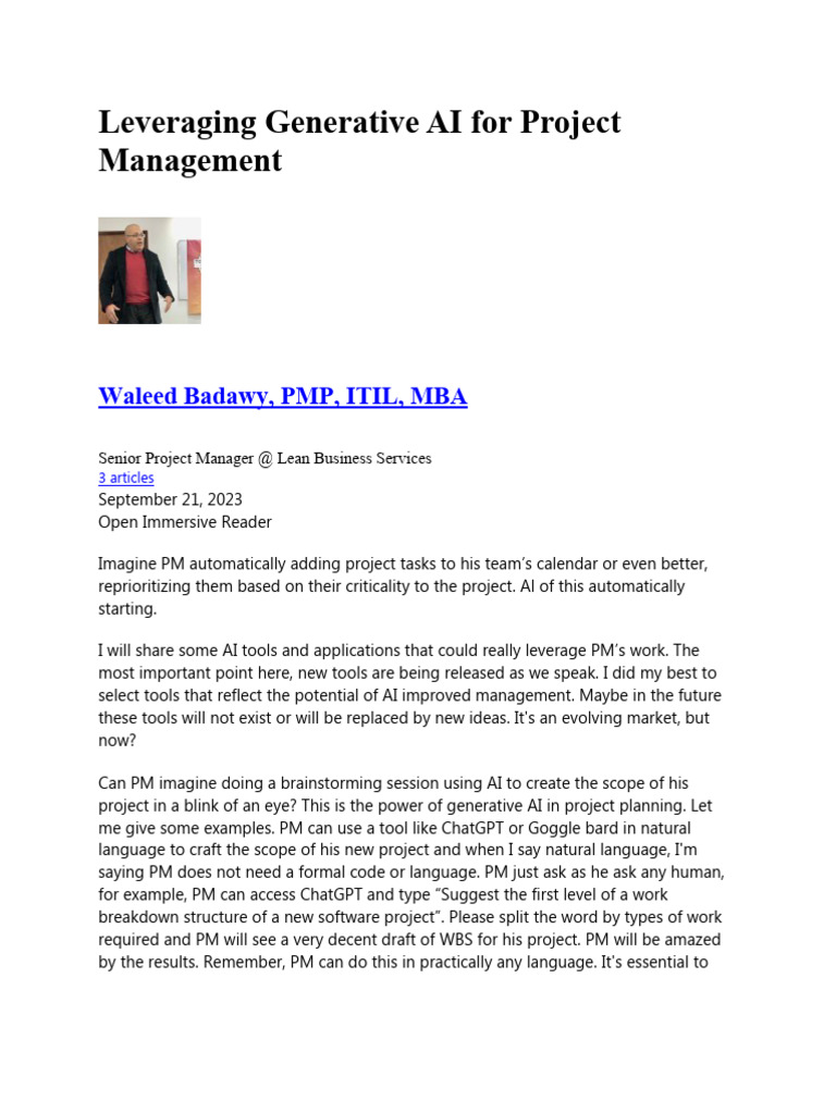 Leveraging Generative Ai For Project Management Pdf Artificial