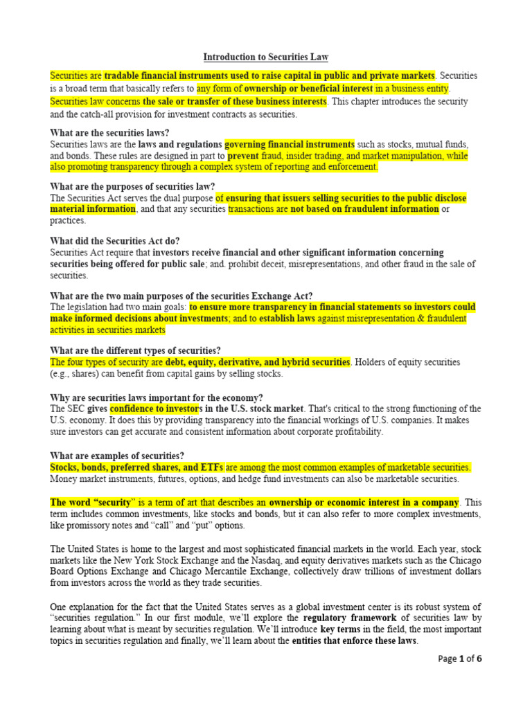 Introduction to Securities Law | PDF | Securities (Finance) | Securities Act Of 1933