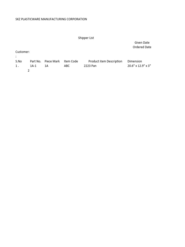 Sample template for shipper list SKZ | PDF