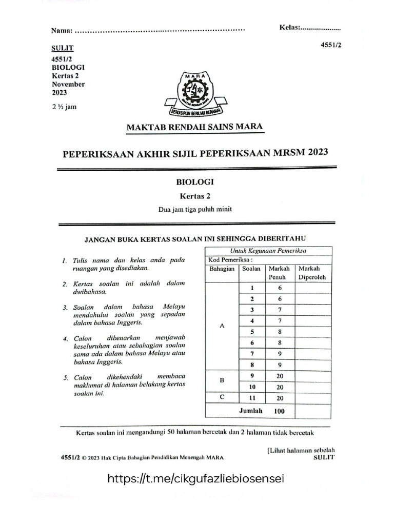 Bio k2 Trial MRSM 2023 | PDF